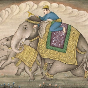 Handmade Indian Miniature Painting A Elephant With Baby Elephant Art on ...