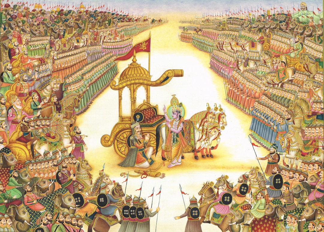 Painting of Krishna & Arjun Conversation on Mahabharat War Field 18x14 ...