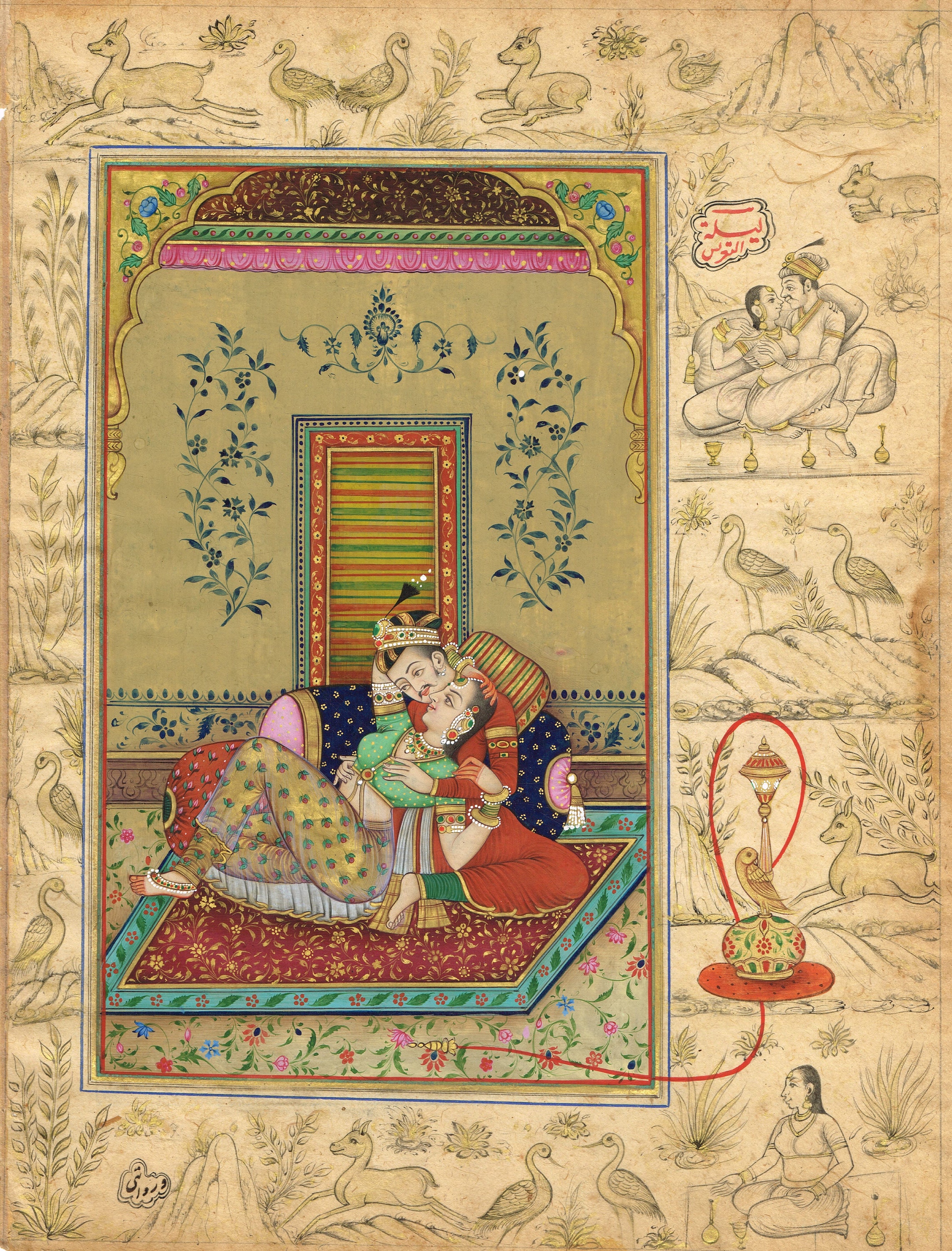 Indian Miniature Painting of Mughal Emperor Akbar and Jodha Bai in Love ...