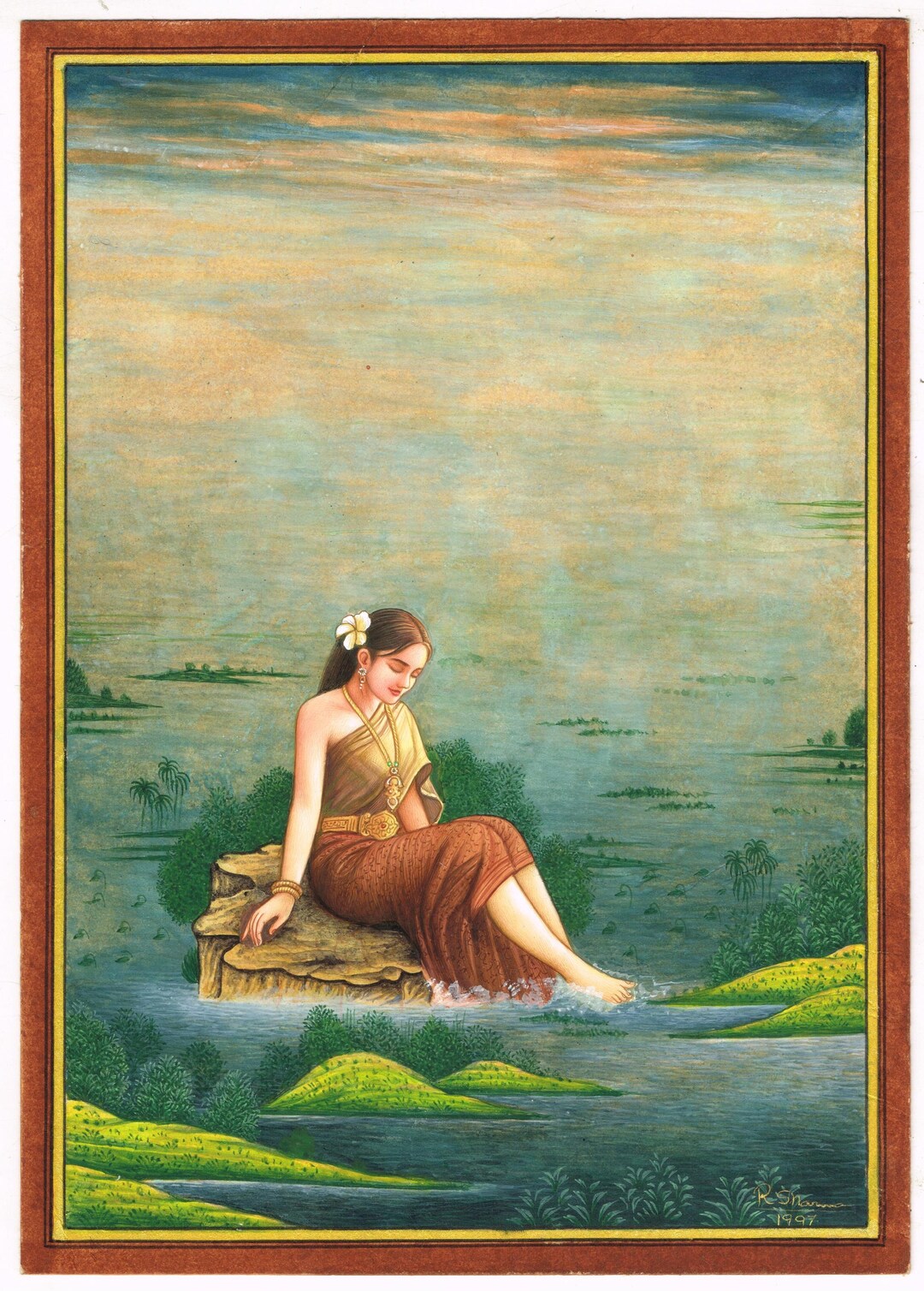 Indian Miniature Painting of Alone Woman Enjoying With Water Gouache on ...