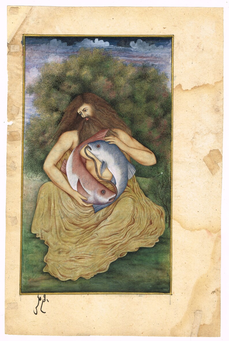 Handmade Indian Miniature Painting of Meen Rashi or Pisces Sign Vintage ...