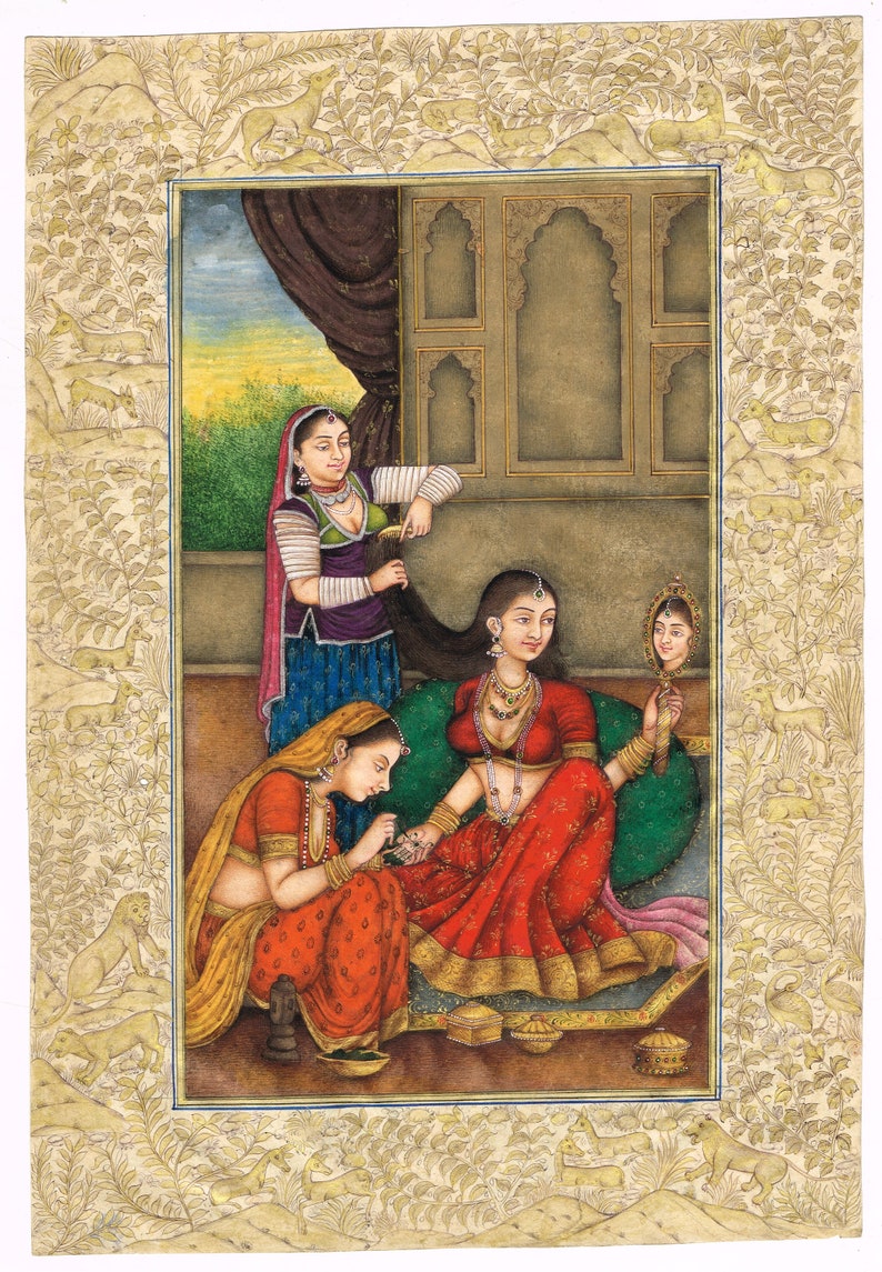 Rajasthani Miniature Painting of Rajput Queen Getting Ready Handmade ...