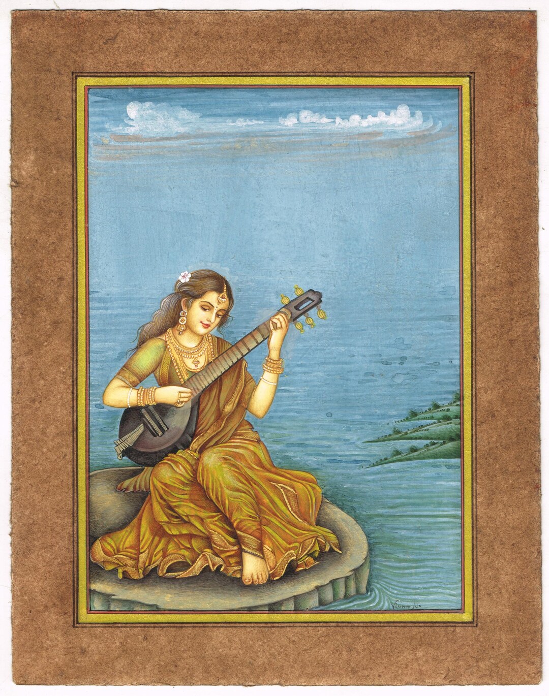 Indian Miniature Painting of A Woman With Musical Instrument Gouache on ...