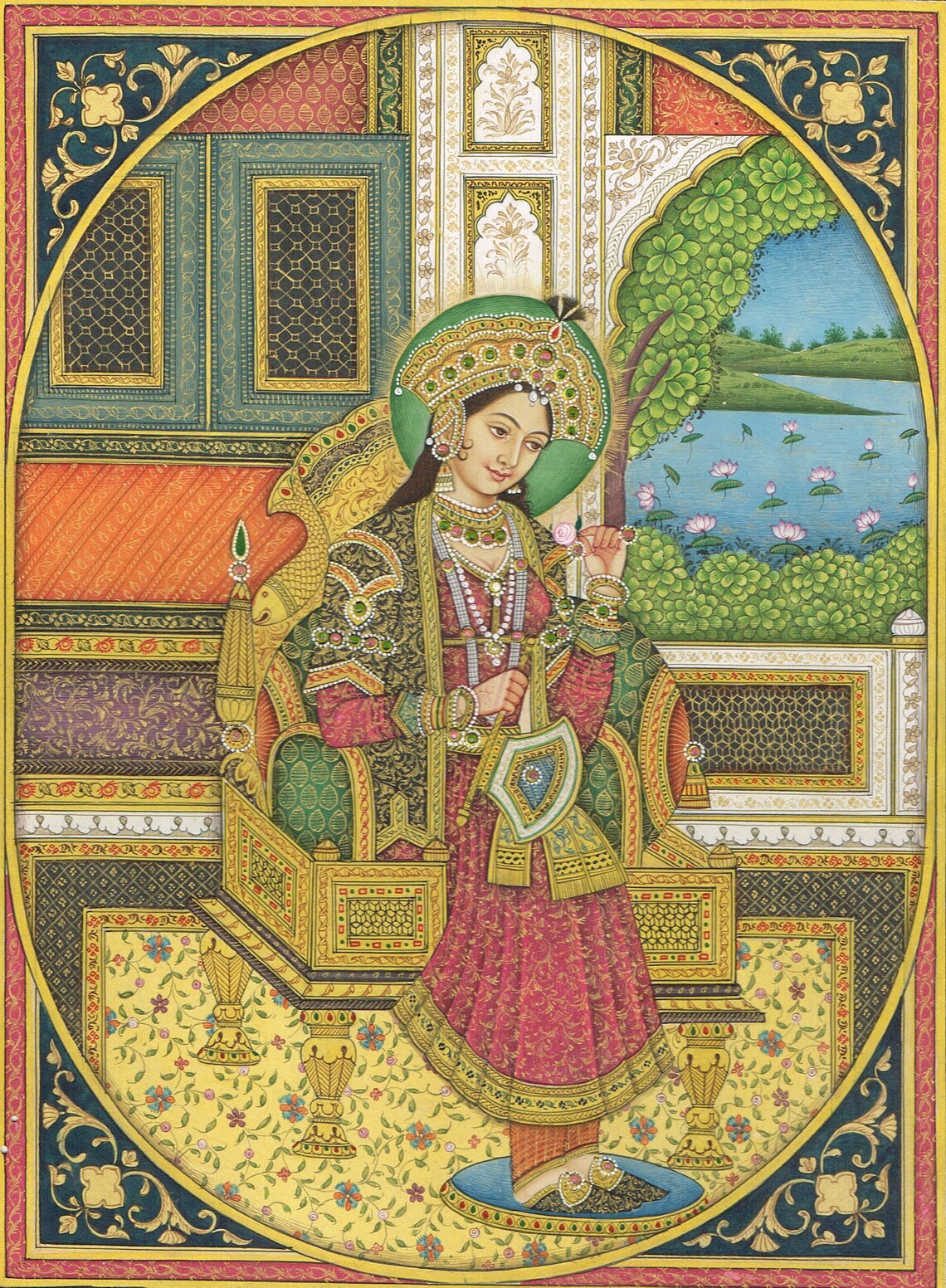 Miniature Portrait of Mughal Queen Mumtaz Mahal Seated on Royal Chair ...
