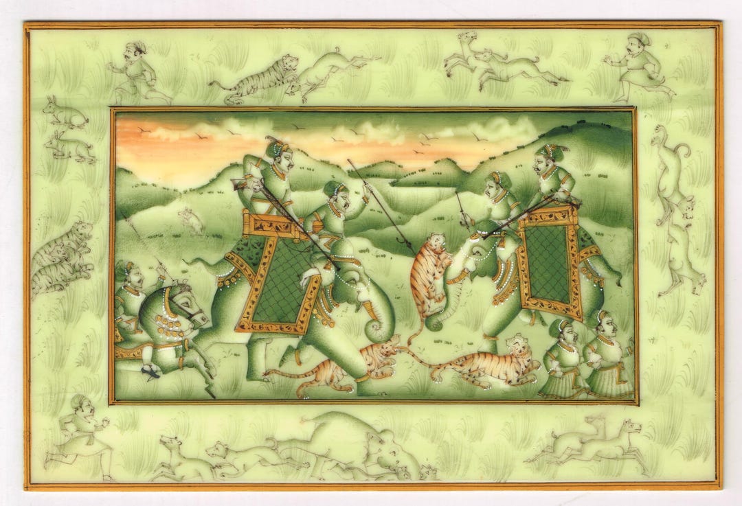 Indian Hunting Art Painting of Mughal King Shooting the Tiger on Plate ...