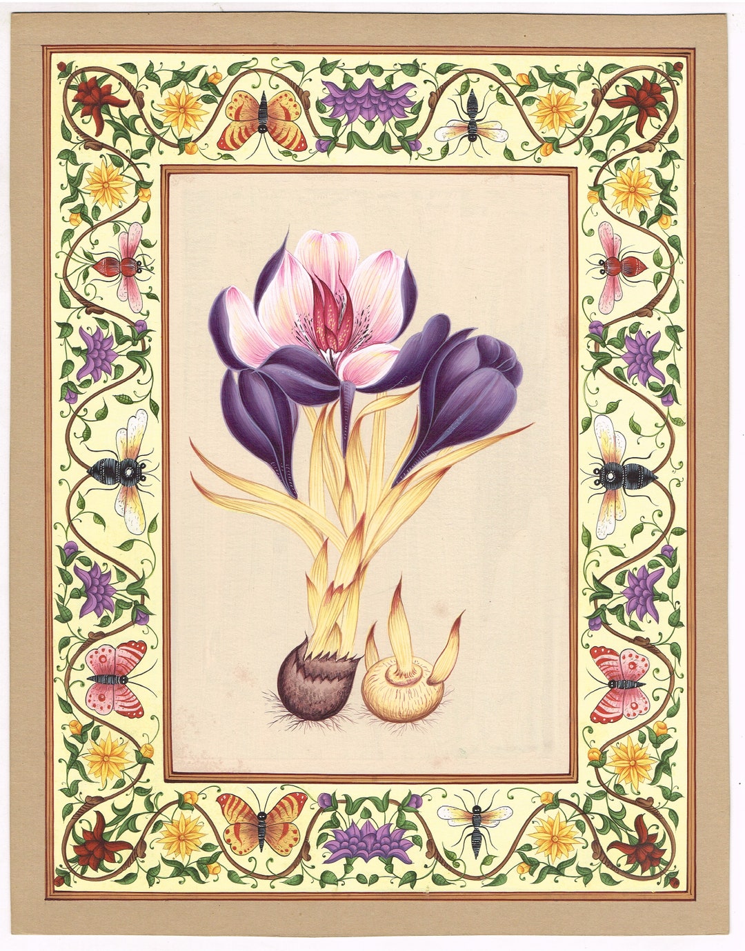 Crocus Sativus Floral Flower Painting Hand Miniature Gouache Folk Art ...