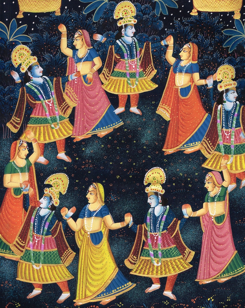 Krishna Rasleela Art: Lord Krishna and Gopis Dancing on Silk (15x22 ...
