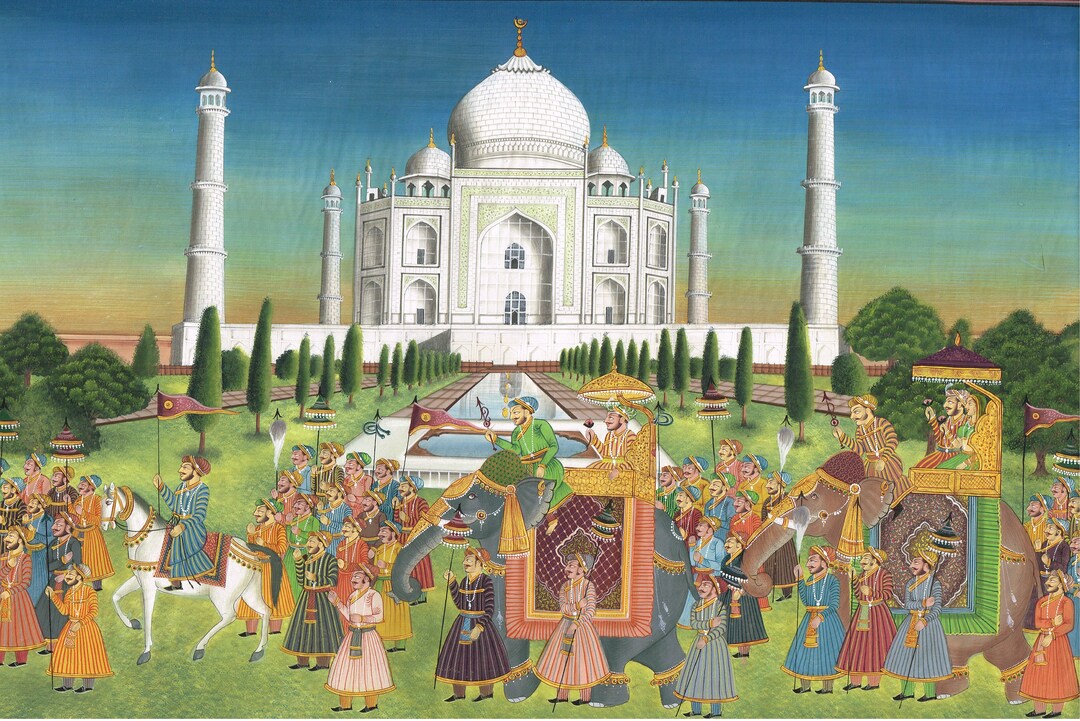 Indian Miniature Painting of King Procession Front of Taj Mahal Art on ...
