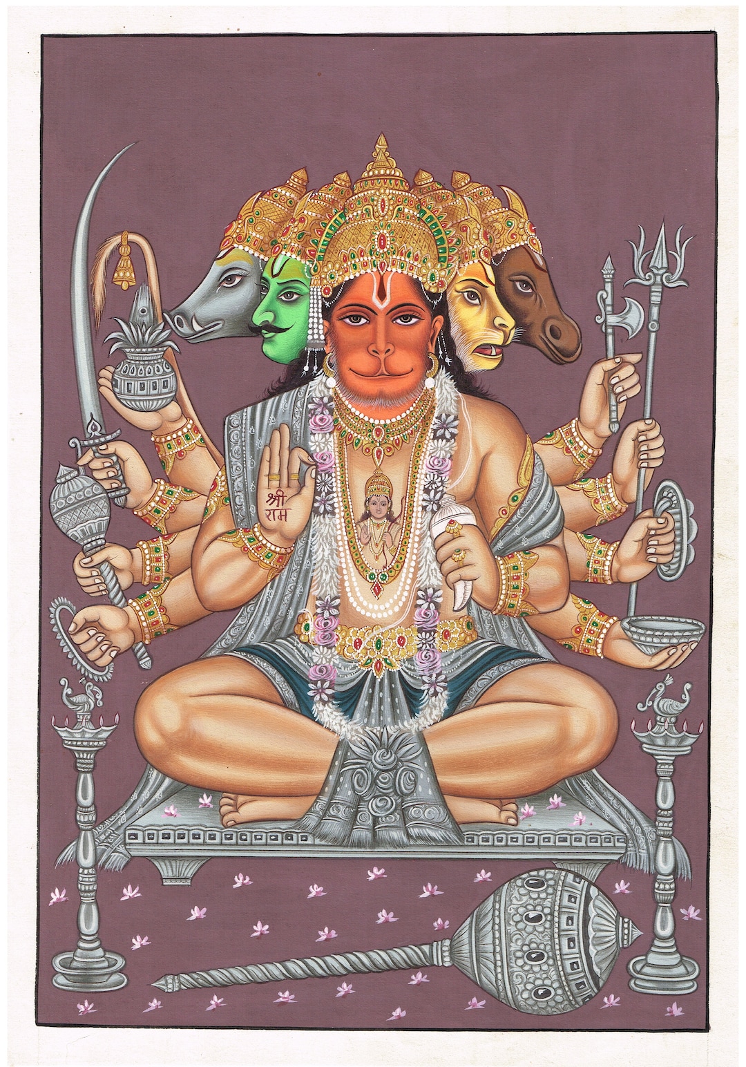 Panchmukhi Hanuman Ji Painting Hand Miniature Hindu Religious Art on ...