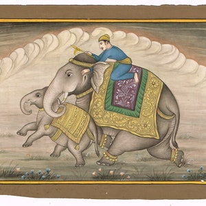 Handmade Indian Miniature Painting A Elephant With Baby Elephant Art on ...