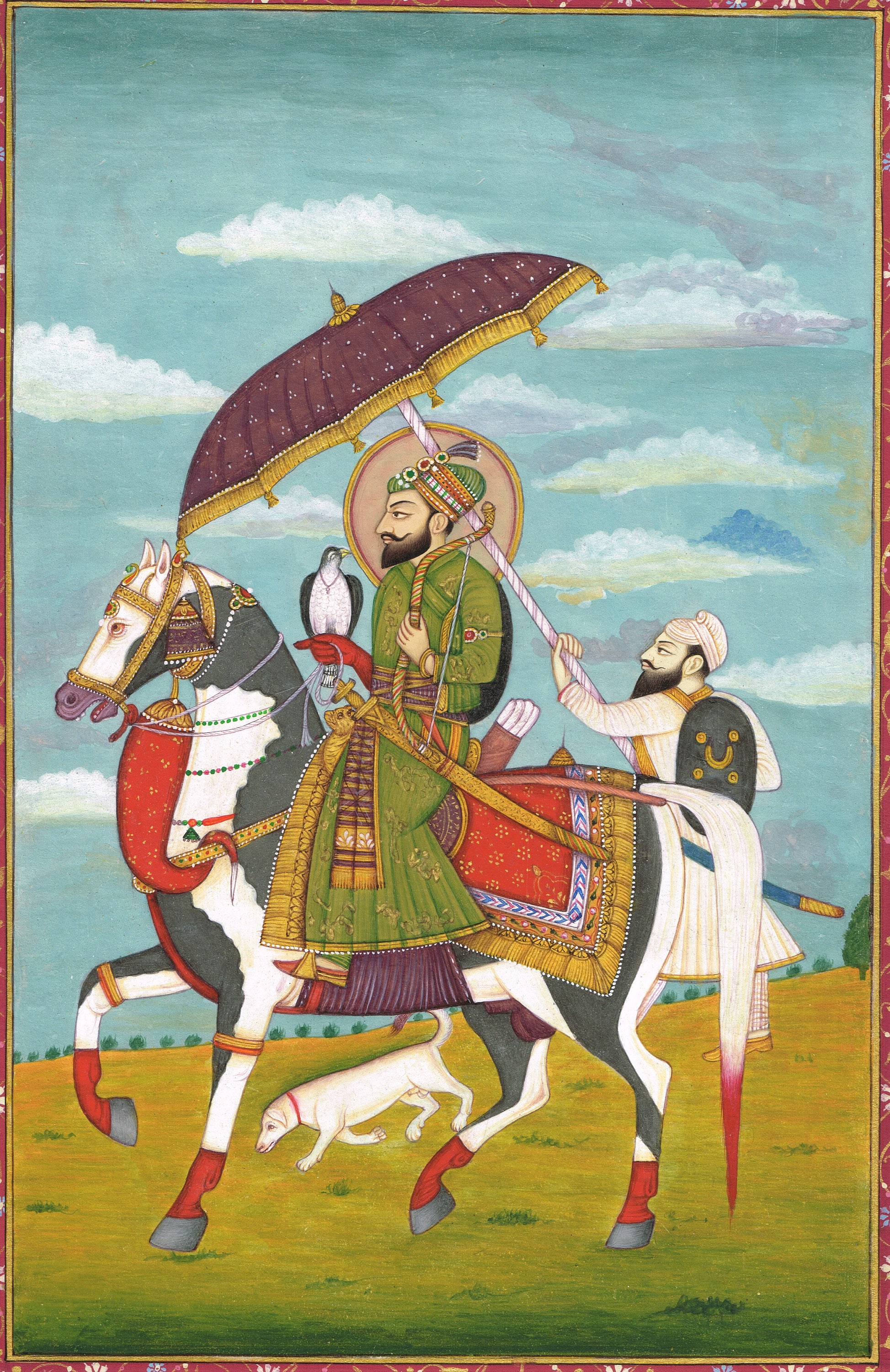 Hand Miniature Sikh Guru Painting of Guru Gobind Singh on Horseback Wearing the Royal Sikh ...