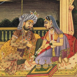 Indian Miniature Painting of Rajput King and Queen on Terrace Fine Art ...
