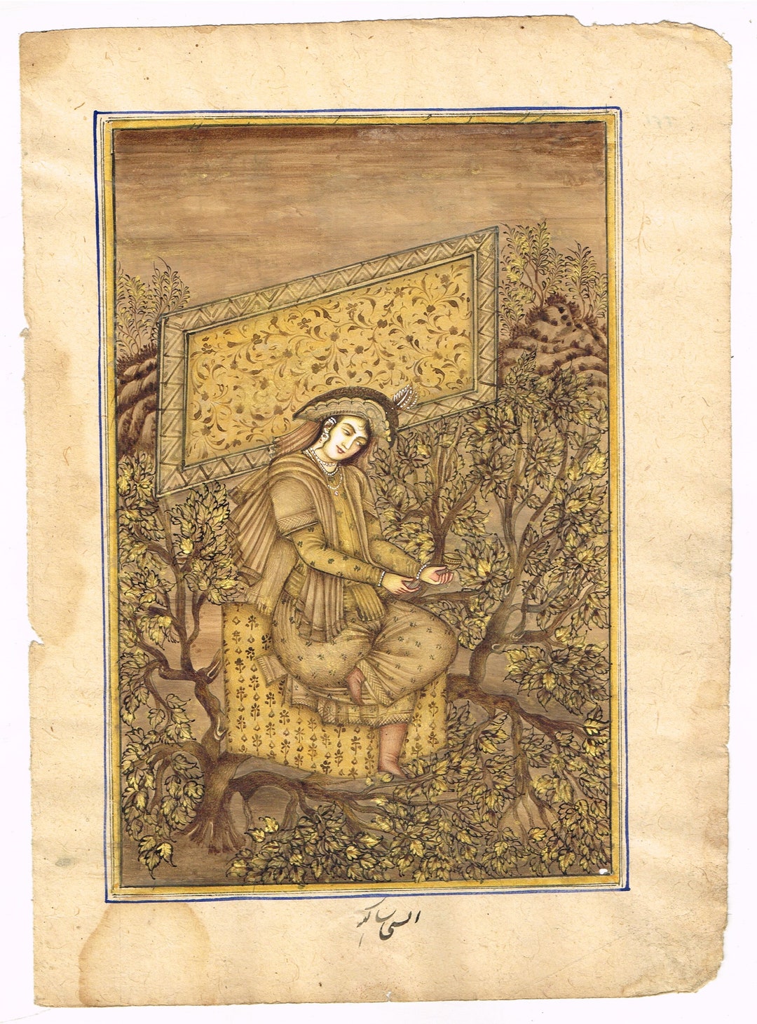 Persian Miniature Painting of Persian Lady on Tree Handmade Pure Gold ...