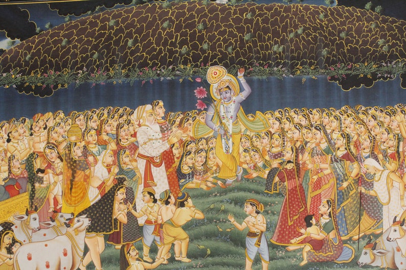 Krishna Painting of Lord Krishna Lifting Mount Govardhan Art on Silk ...