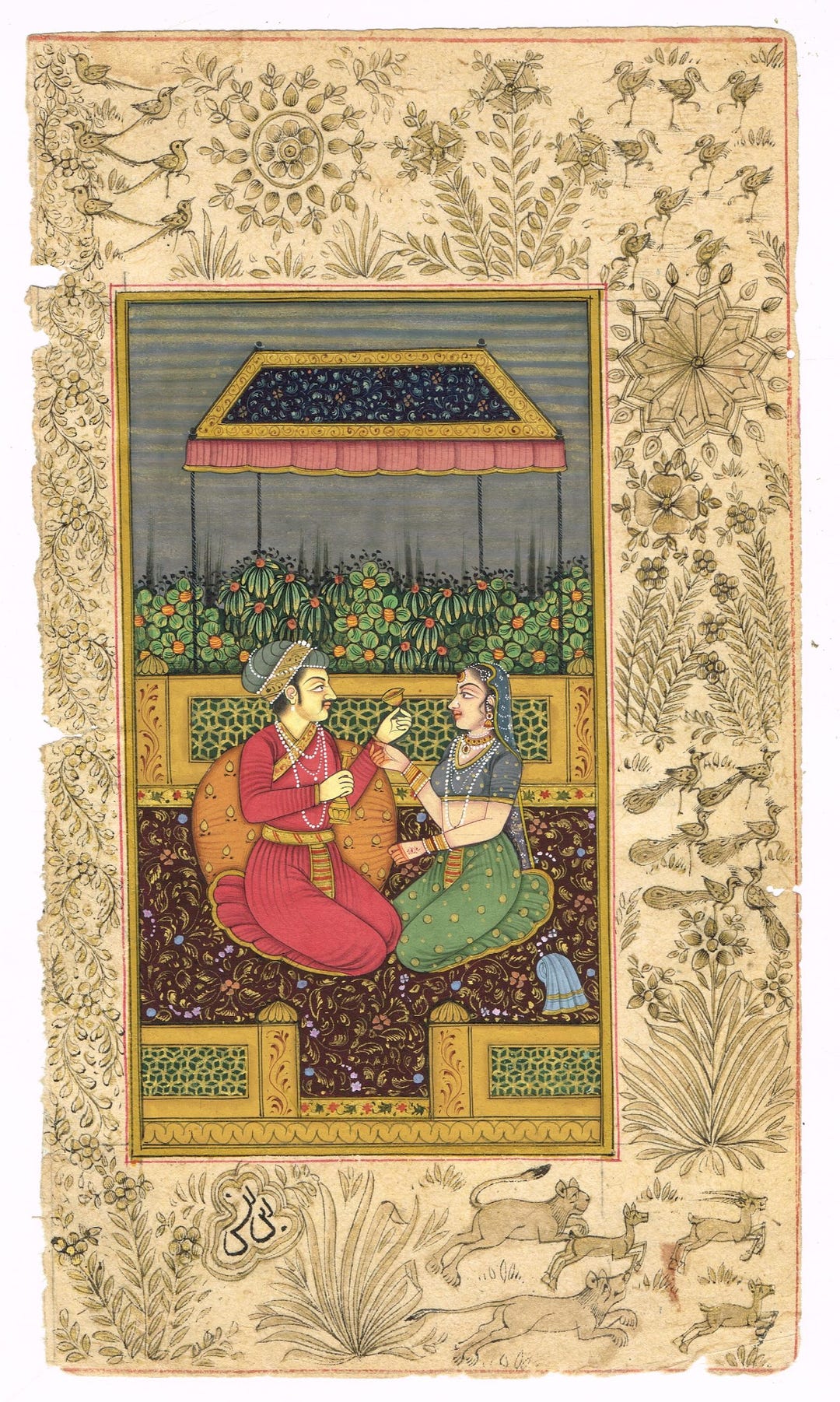 Indian Miniature Painting of Mughal Emperor Akbar & Jodha Bai in Love ...