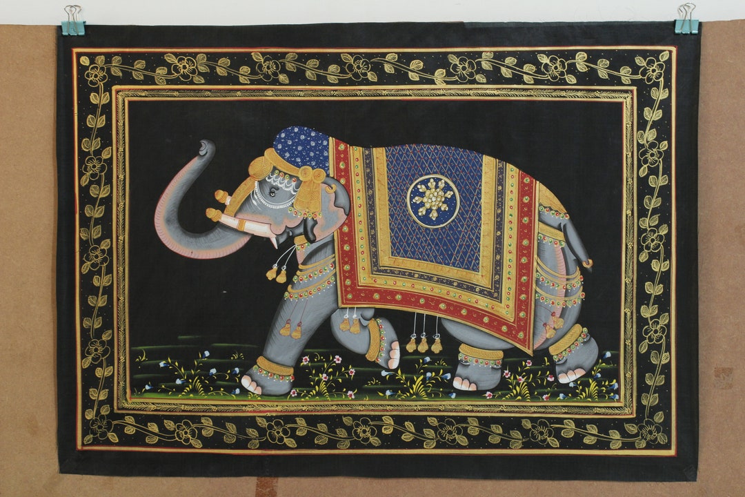 Handmade Elephant Painting on Silk: Floral Border Wildlife Art (28x20 ...
