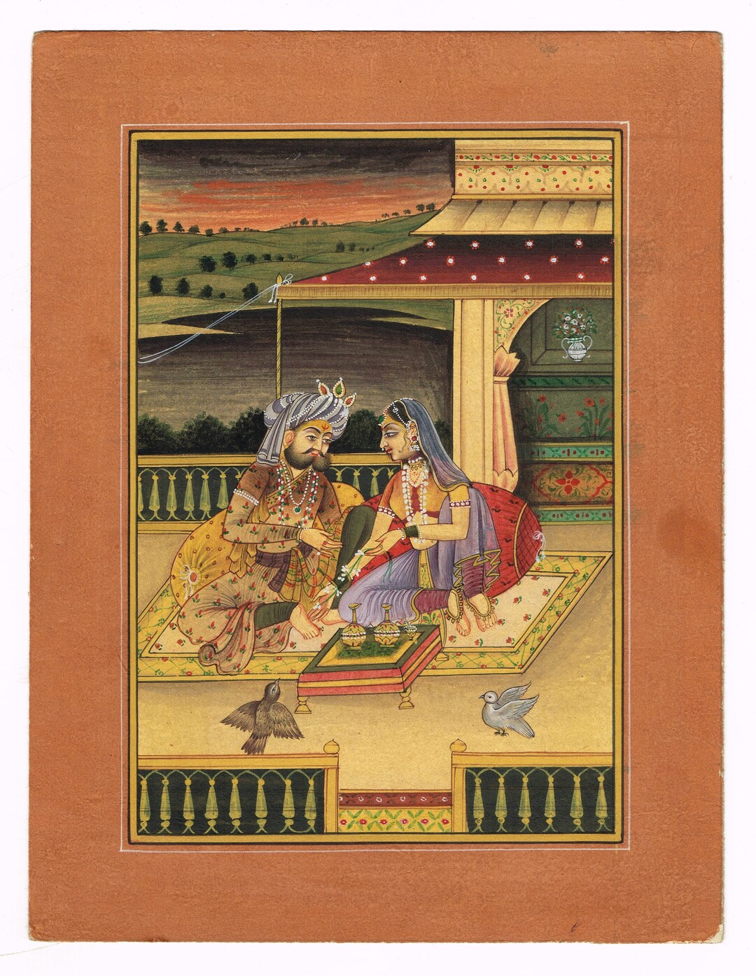 Indian Miniature Painting of Rajput King and Queen on Terrace Fine Art ...