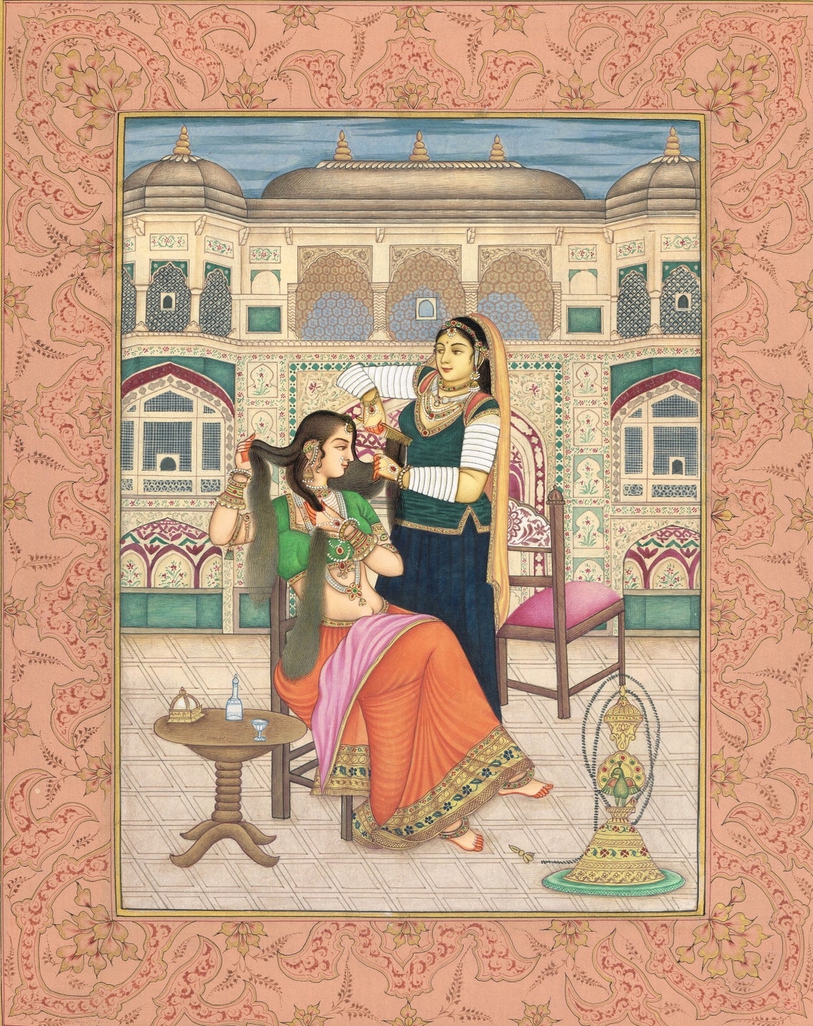 Indian Miniature Painting of Rajput Mewar Queen Brushing Her Hair With ...