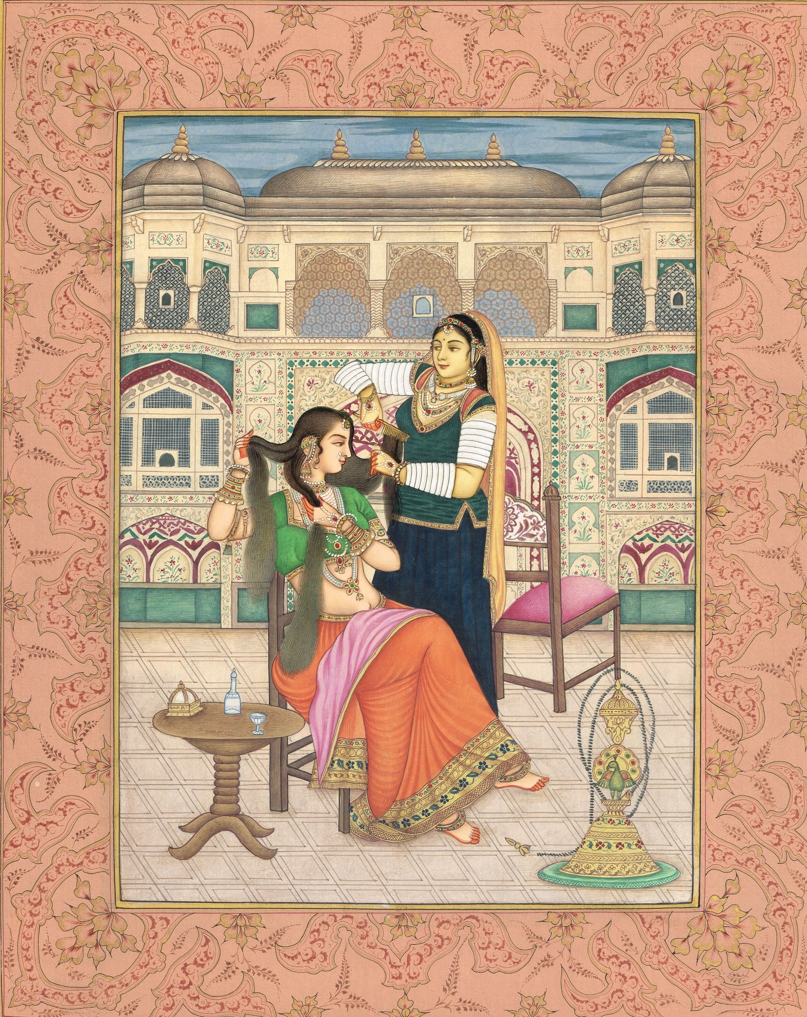 Indian Miniature Painting of Rajput Mewar Queen Brushing Her Hair With ...