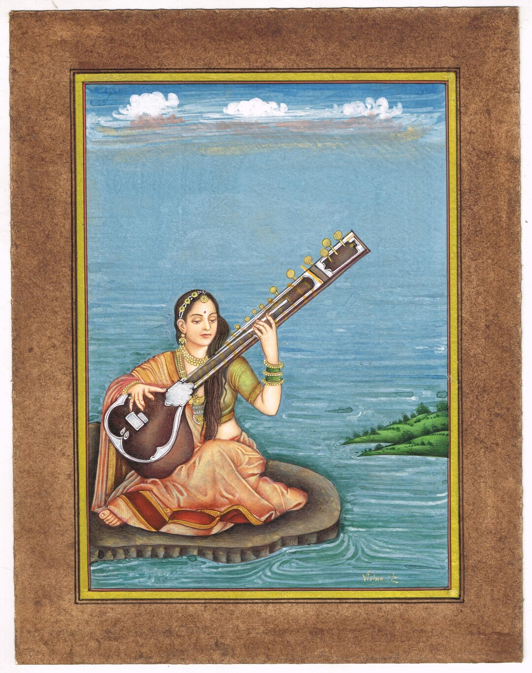Indian Miniature Painting of A Woman With Musical Instrument Gouache on ...