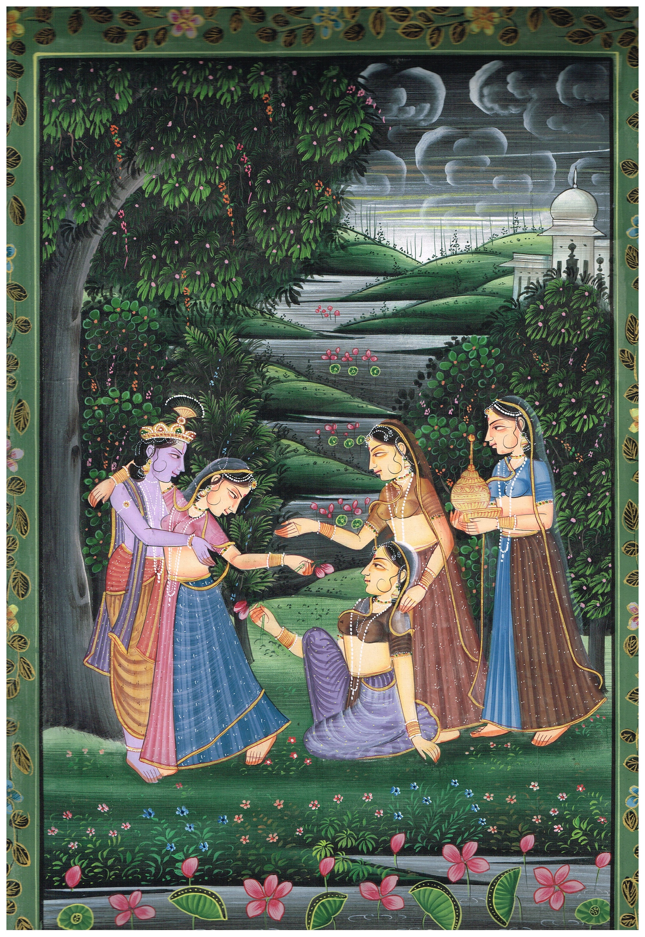 Mixed Lord Krishna Radha Painting Handmade Hindu Religious Art On Silk ...