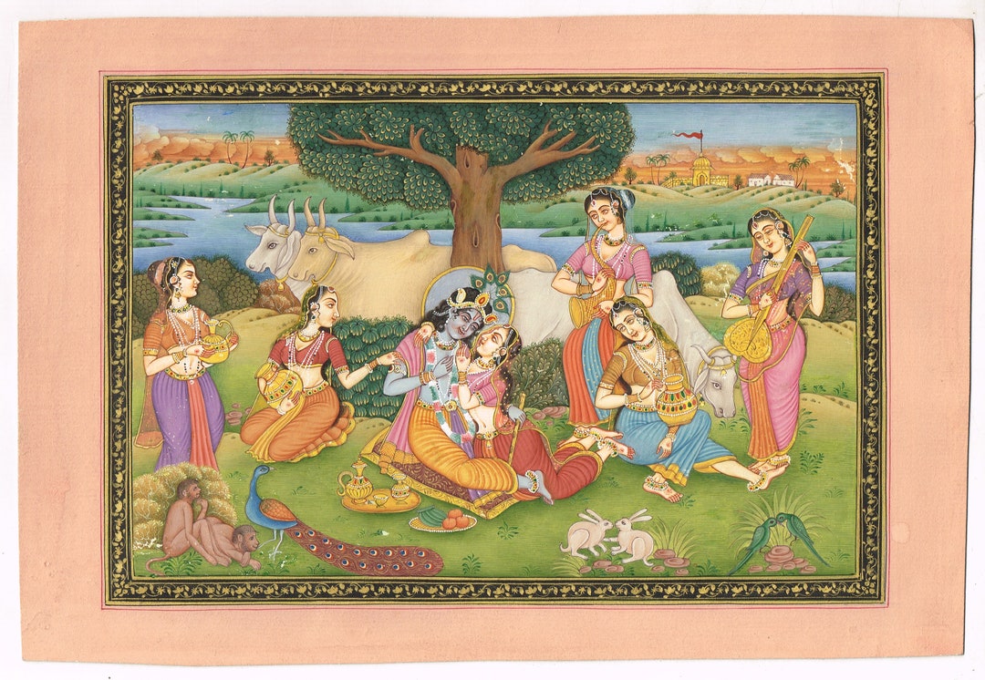 Radha Krishna Painting of Indian Love Scene Art on Paper 12x8.5 Inches ...
