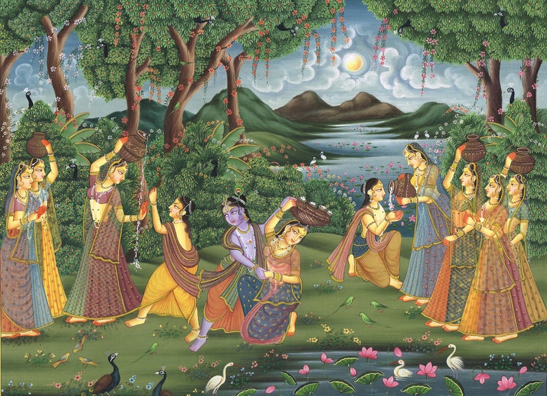 Radha Krishna Painting on Silk | Hindu Art, Gopis Love - Etsy Canada