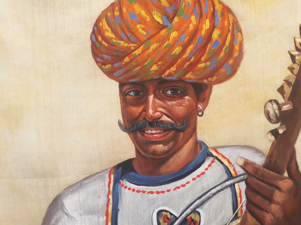 Indian Old Art & Painting A Musician Playing an Instrument Sarangi ...