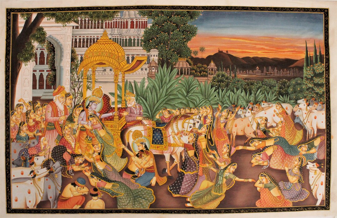 Radha Krishna Painting of Krishna Left Vrindavan Scene Art on Silk ...