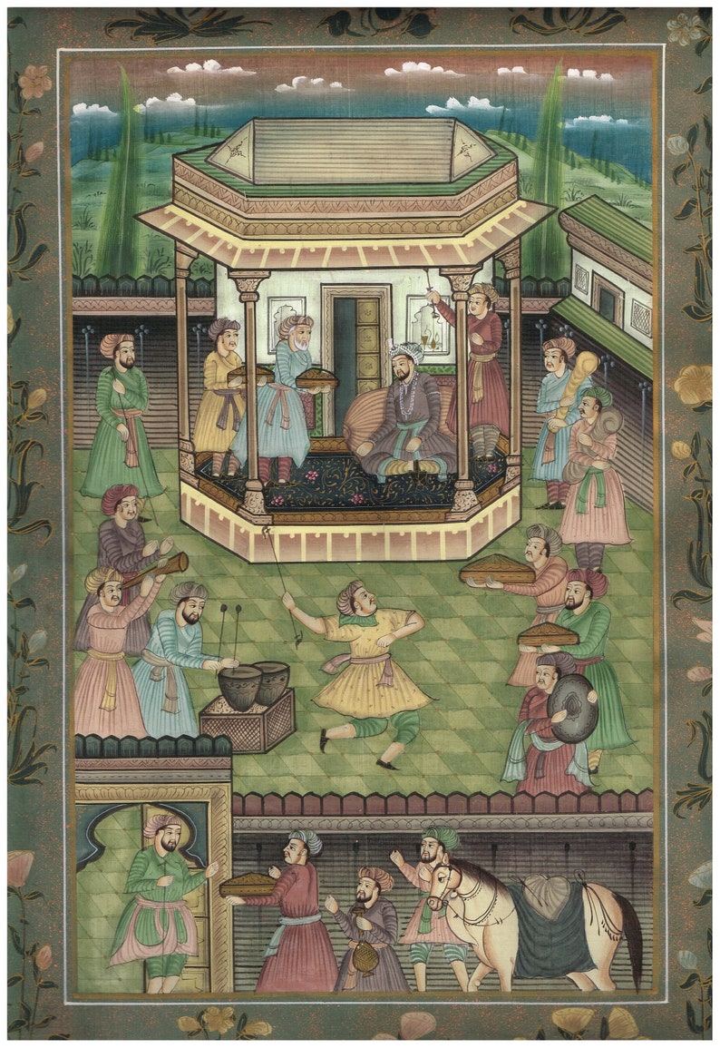 Handmade Persian Court Scene Miniature Painting on Silk (15.5x21.5 ...