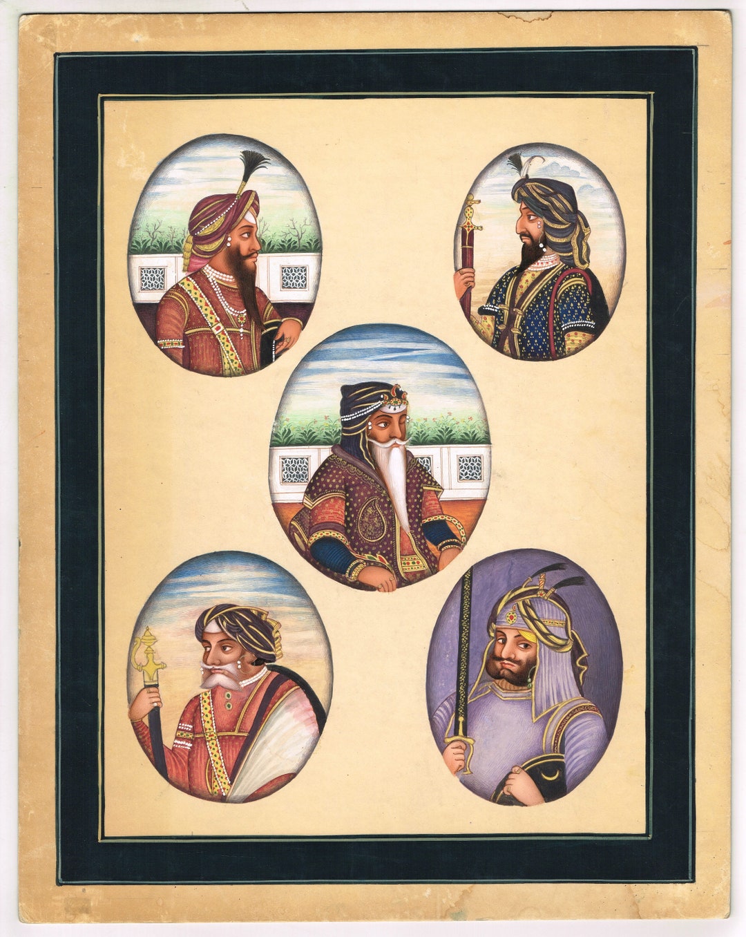 Sikh Art Painting of Five Sikh Emperor of Sikh Empire Handmade Gouache ...
