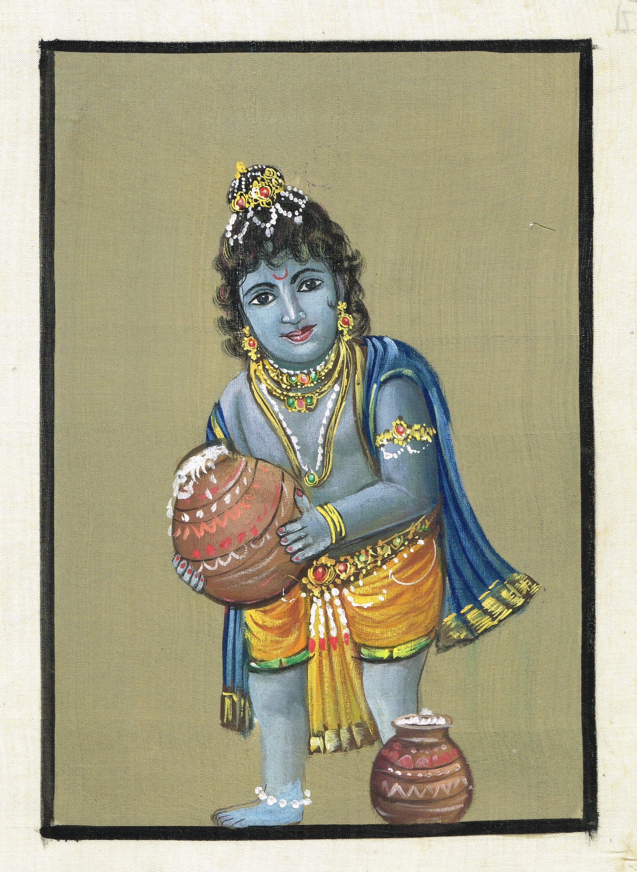 Bala Krishna Painting | Handmade Indian Religious Art on Silk (7x9 ...