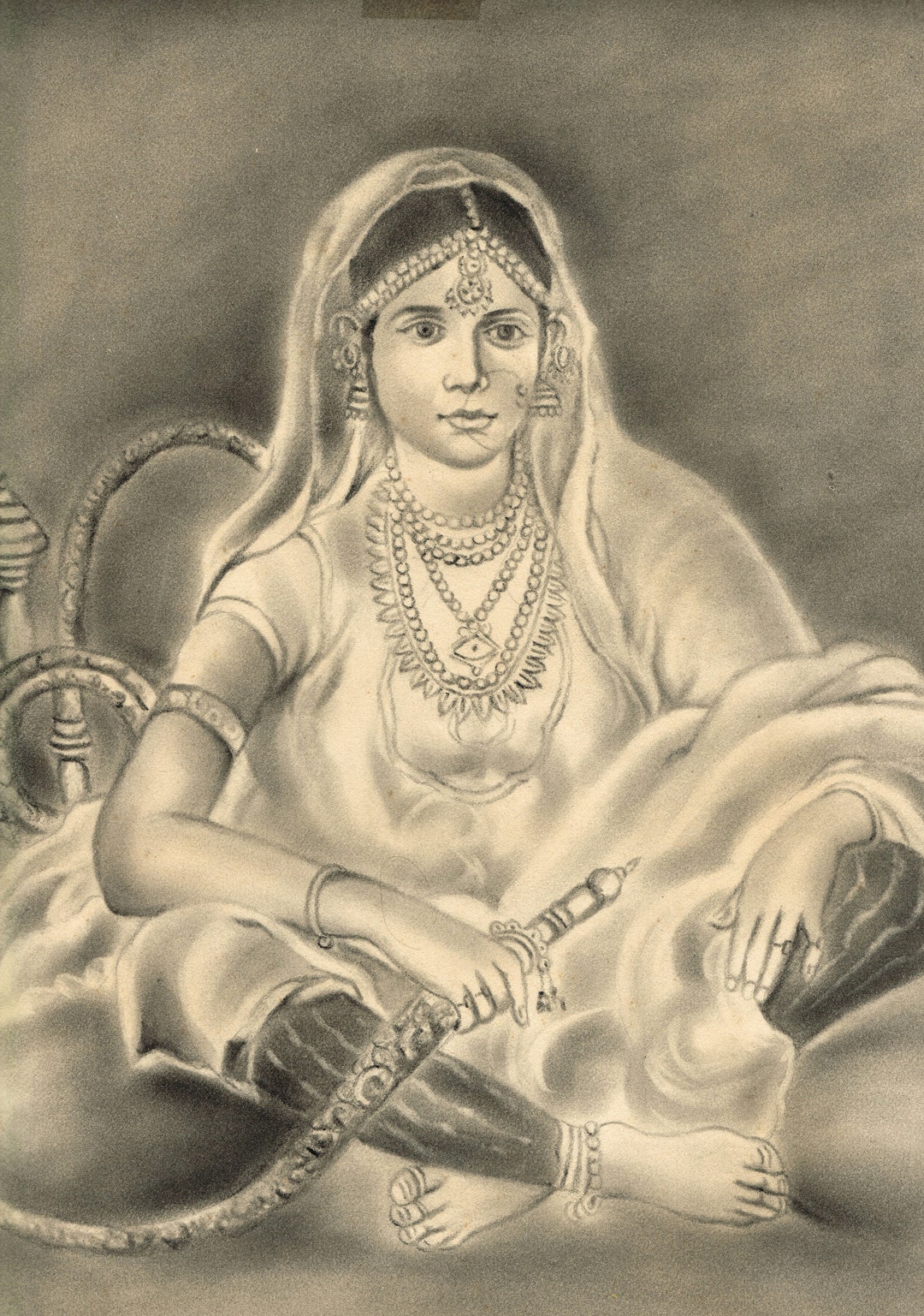 Rajput Queen Portrait: Hookah Fine Art Sketch Painting (13.5x18 Inches ...