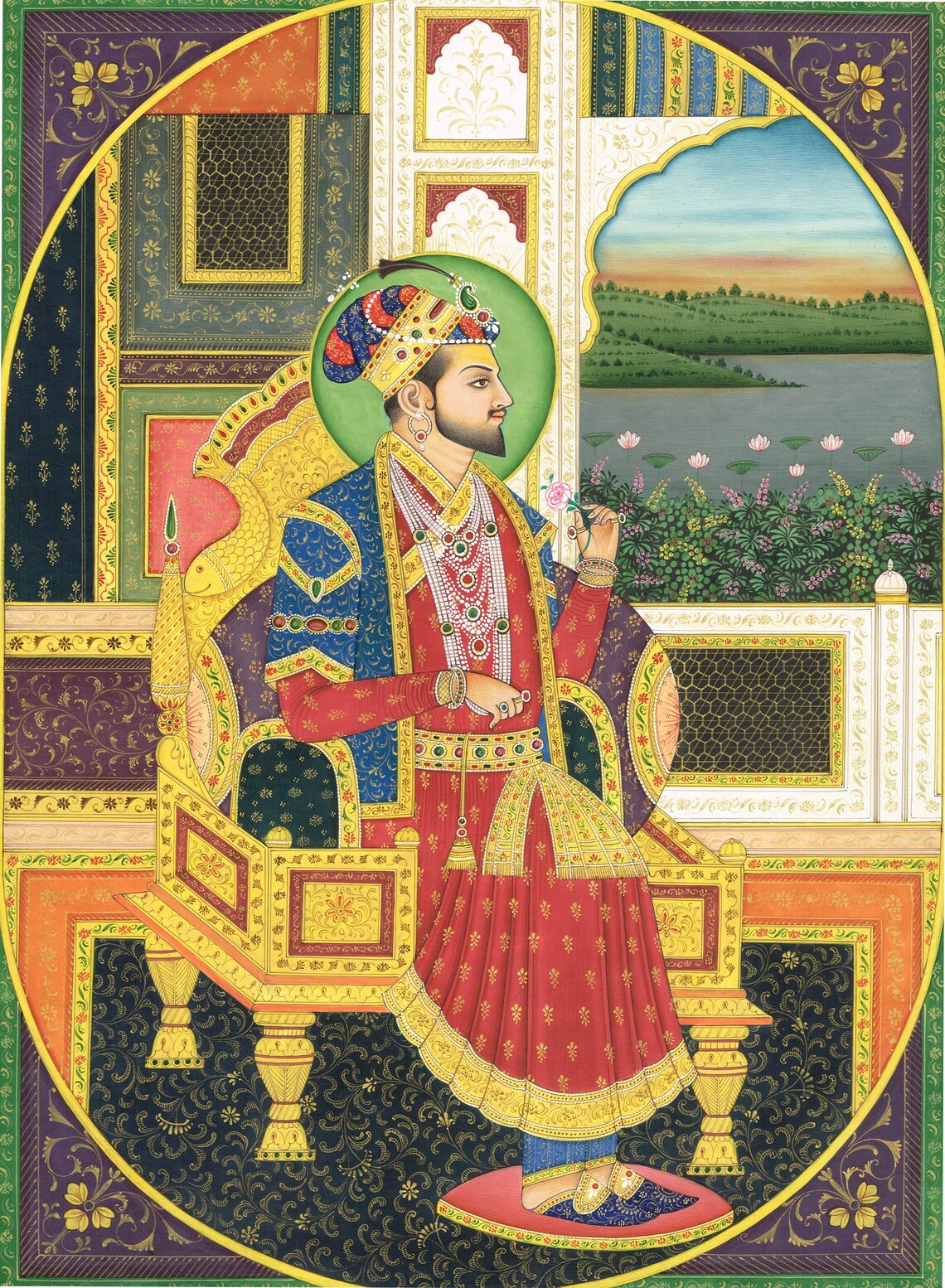 Mughal Portrait Painting of Emperor Shahjahan on Royal Chair Gouache ...