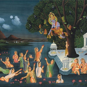 Handmade Krishna Raasleela Painting of Gopi Vastra Haran Art on Silk ...
