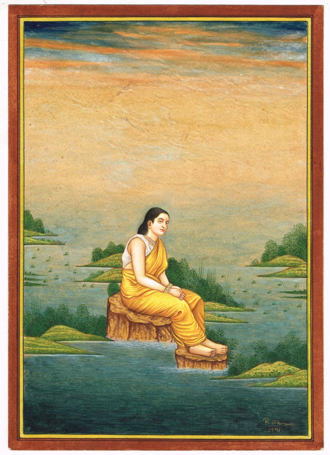 Virahini Nayika Painting A Woman Sitting in Quite Moment Alone 8.25x11 ...