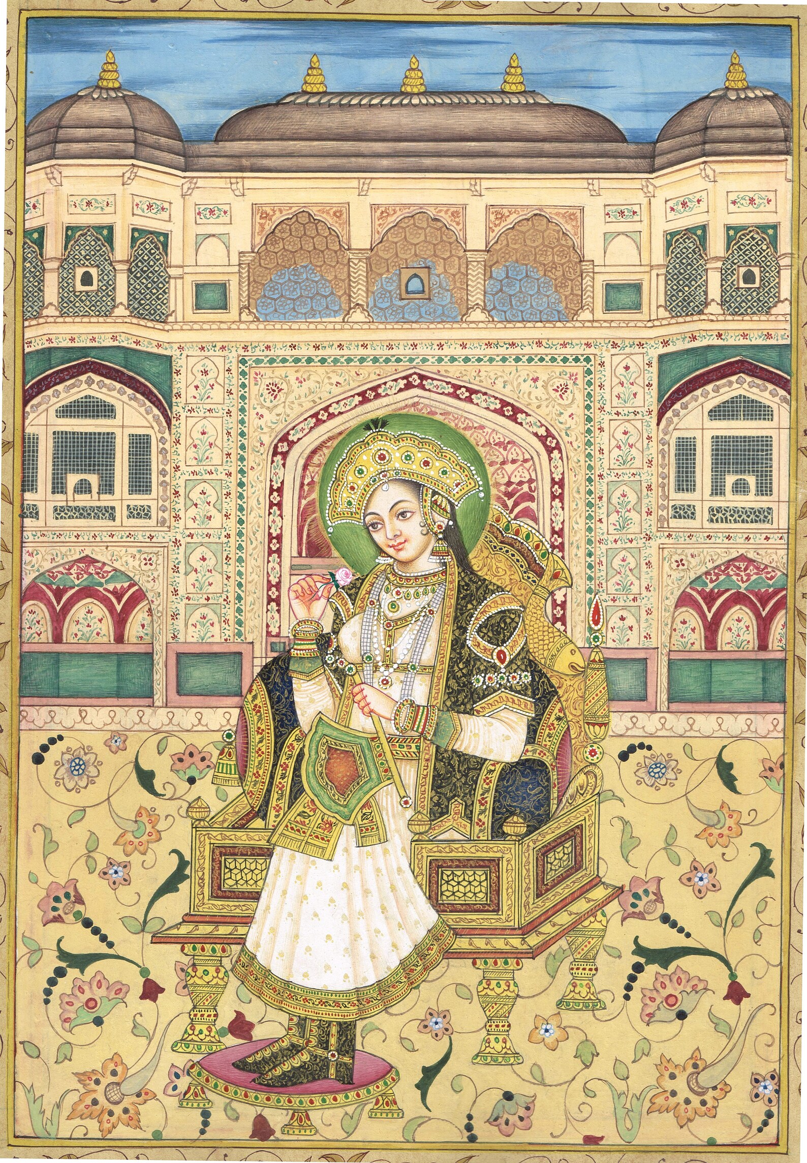 Miniature Portrait Painting of Mughal Empress Mumtaz Mahal Seated on ...