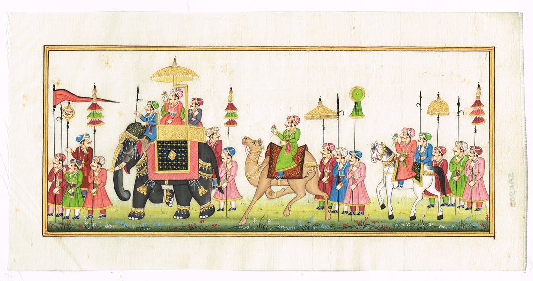 Rajasthani Miniature Painting of Maharaja Procession Art on Silk Cloth ...