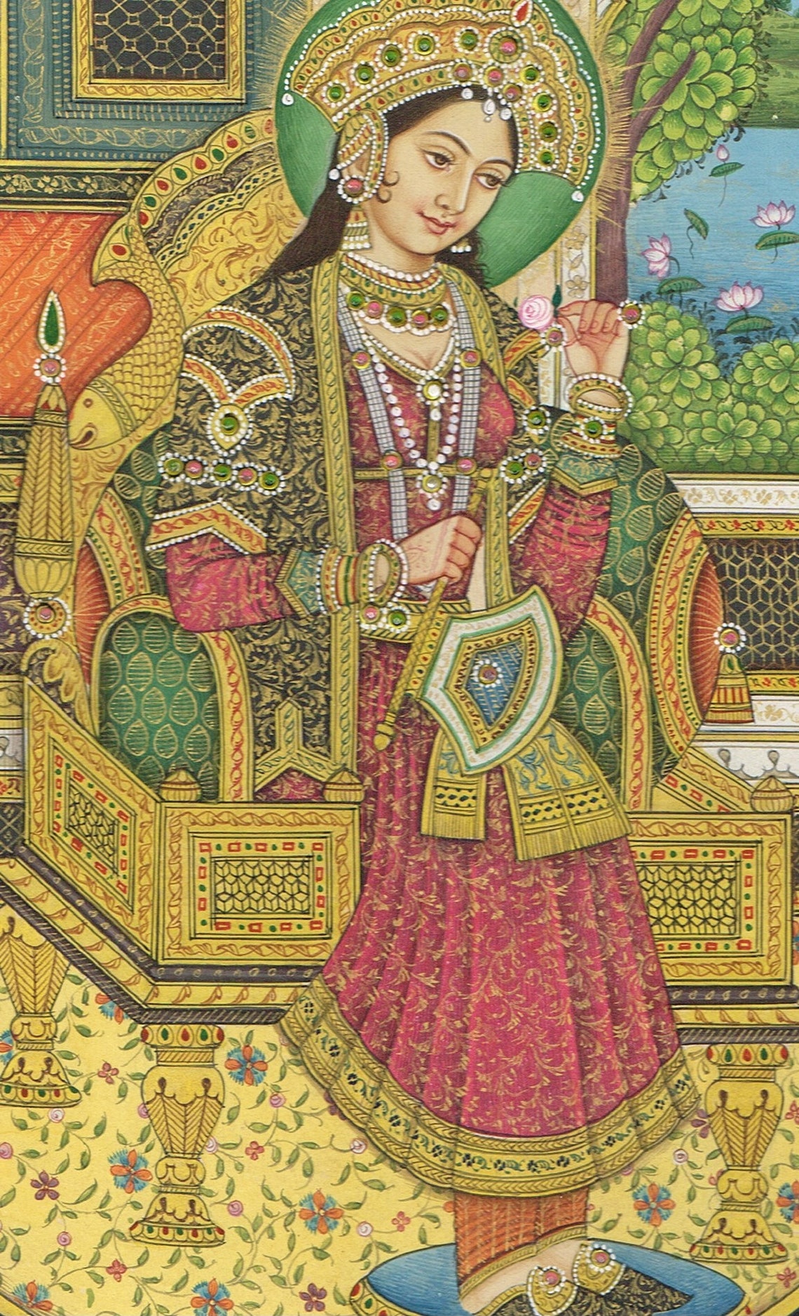 Miniature Portrait of Mughal Queen Mumtaz Mahal Seated on Royal Chair ...