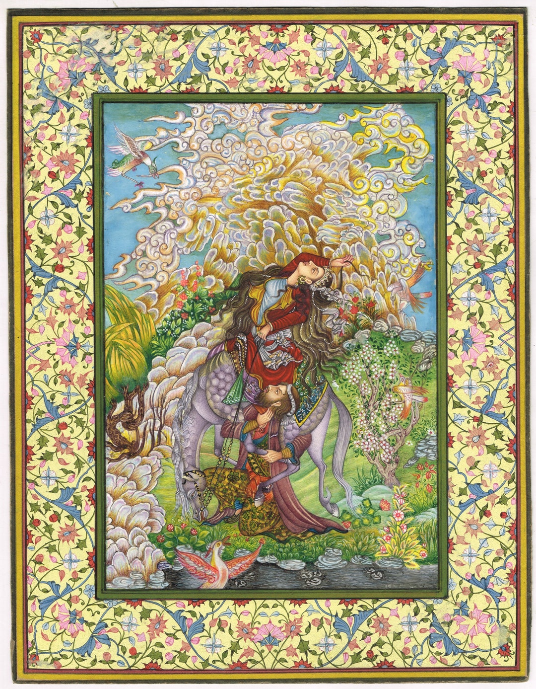 Persian Miniature Painting of Persian Couple of Composite Horse on ...
