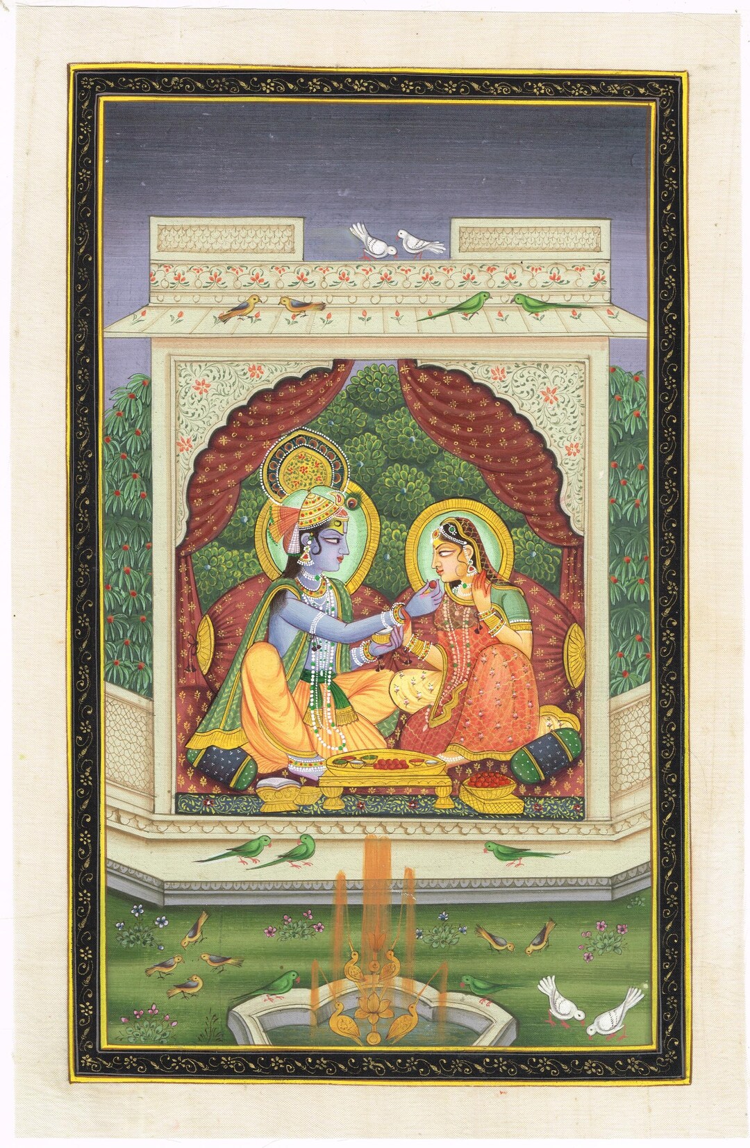 Radha Krishna Painting of Lord Krishna Feeding Modaks to Goddess Radha 7x11 Inches | Hand ...
