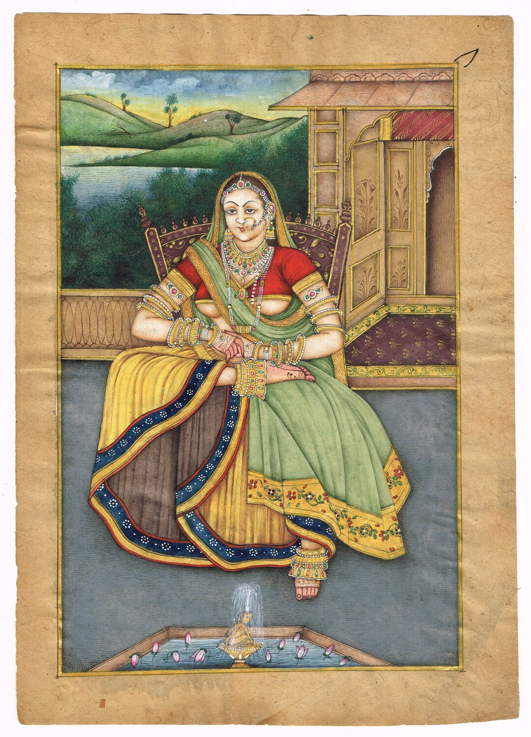 Miniature Portrait Painting of Rajput Queen Seated on Royal Chair ...