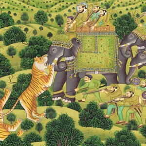 Handmade Indian Miniature Painting: Maharaja Hunting Tiger on Silk (17 ...