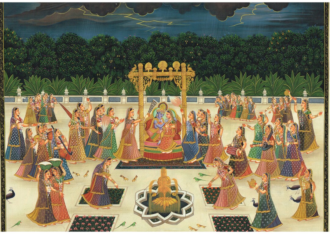 Handmade Radha Krishna Painting of Religious Art on Silk Cloth 17.5x13 ...