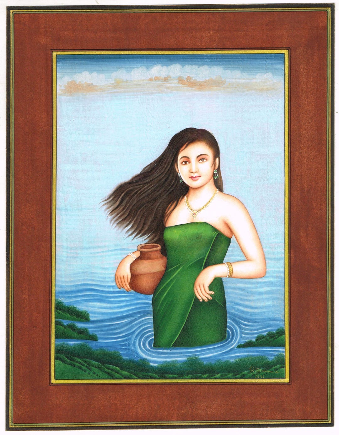Indian Miniature Painting: Woman in Lake, Gouache Art (10.5x13.5 Inches ...