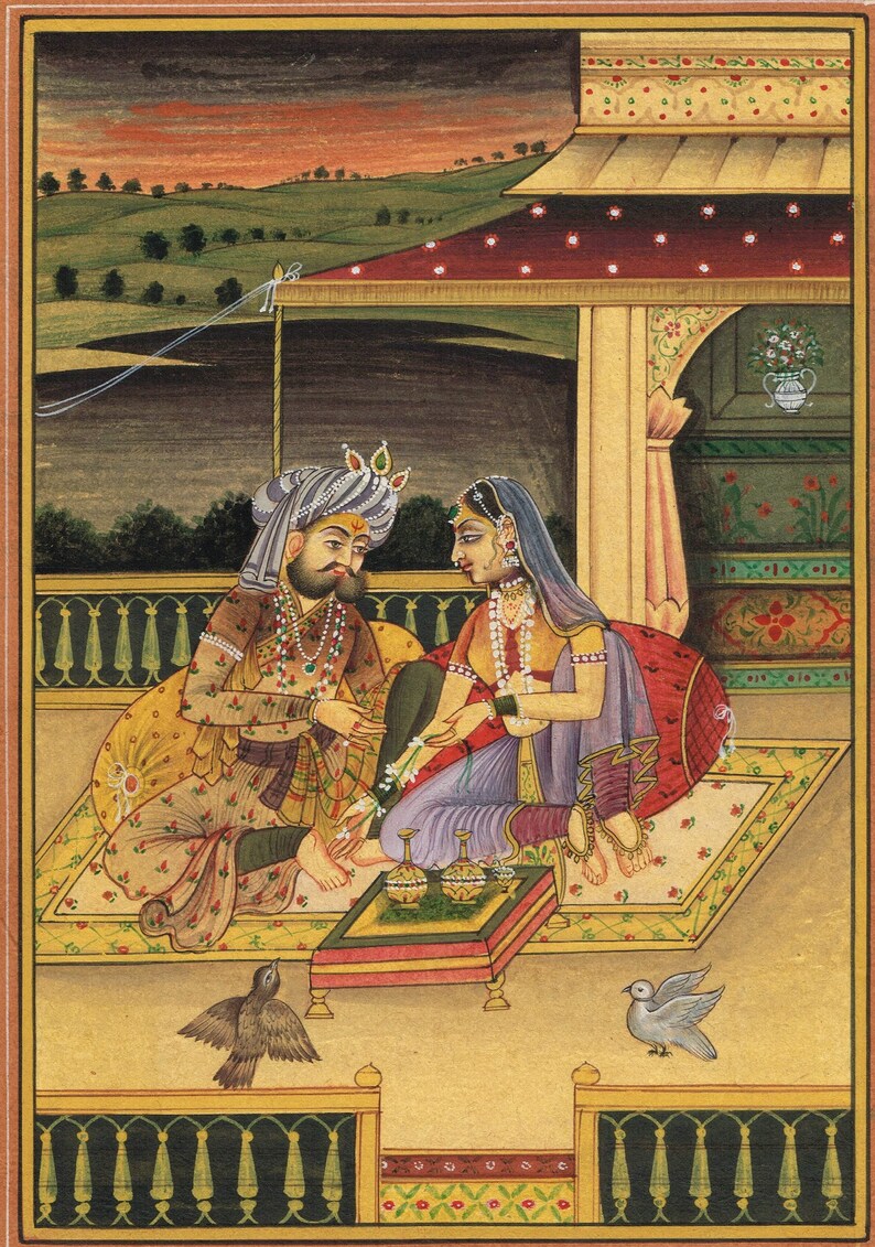 Indian Miniature Painting of Rajput King and Queen on Terrace Fine Art ...