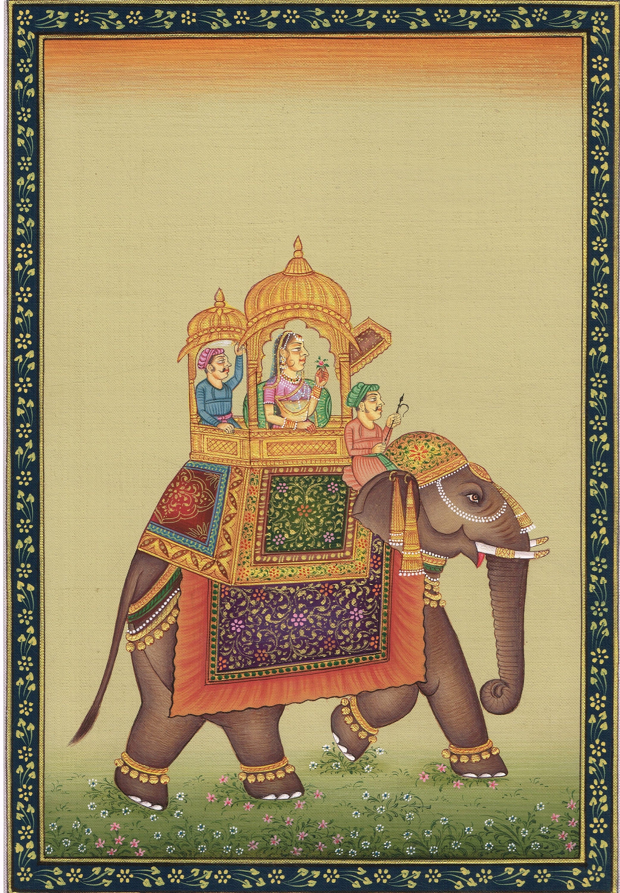 Rajasthani Miniature Painting of Rajput Maharani Riding on Elephant ...