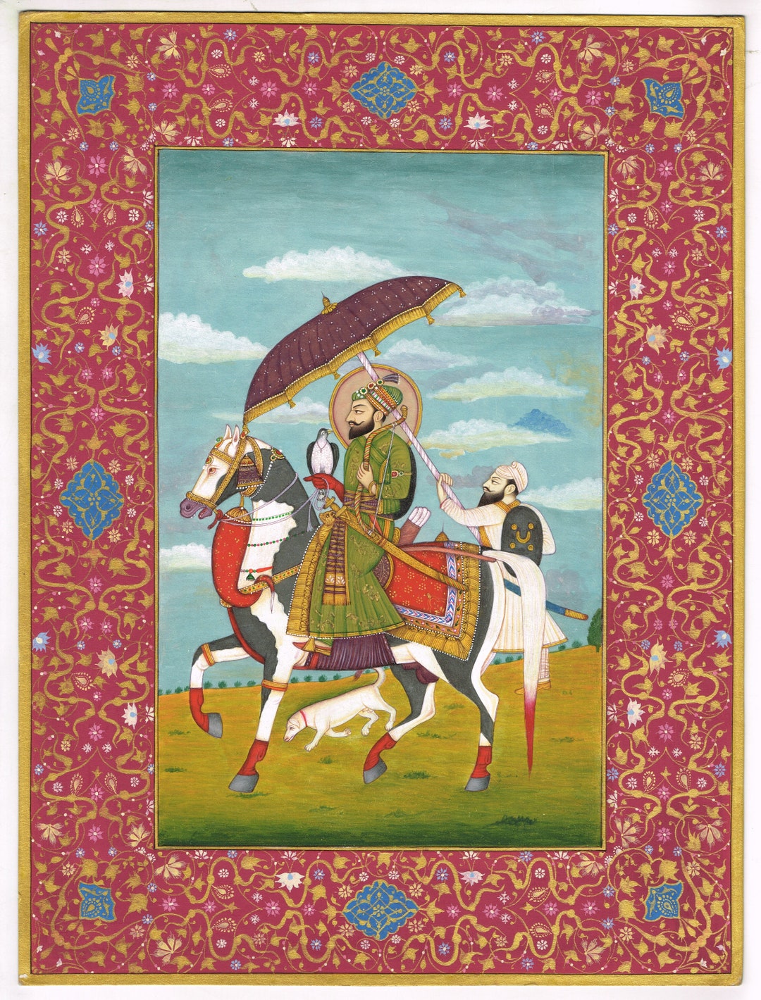 Hand Miniature Sikh Guru Painting of Guru Gobind Singh on Horseback Wearing the Royal Sikh ...