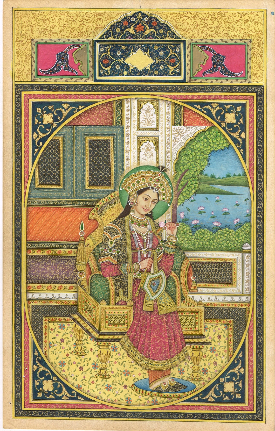 Miniature Portrait of Mughal Queen Mumtaz Mahal Seated on Royal Chair ...