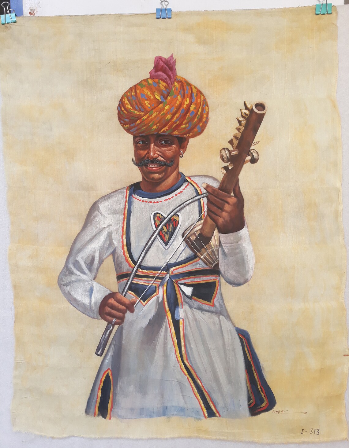 Indian Old Art & Painting A Musician Playing an Instrument Sarangi ...